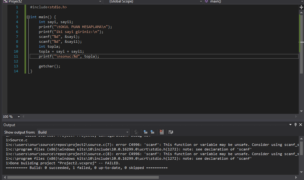 dev c++ da çalışan kod visiol studio da çalışmıyor neden ...